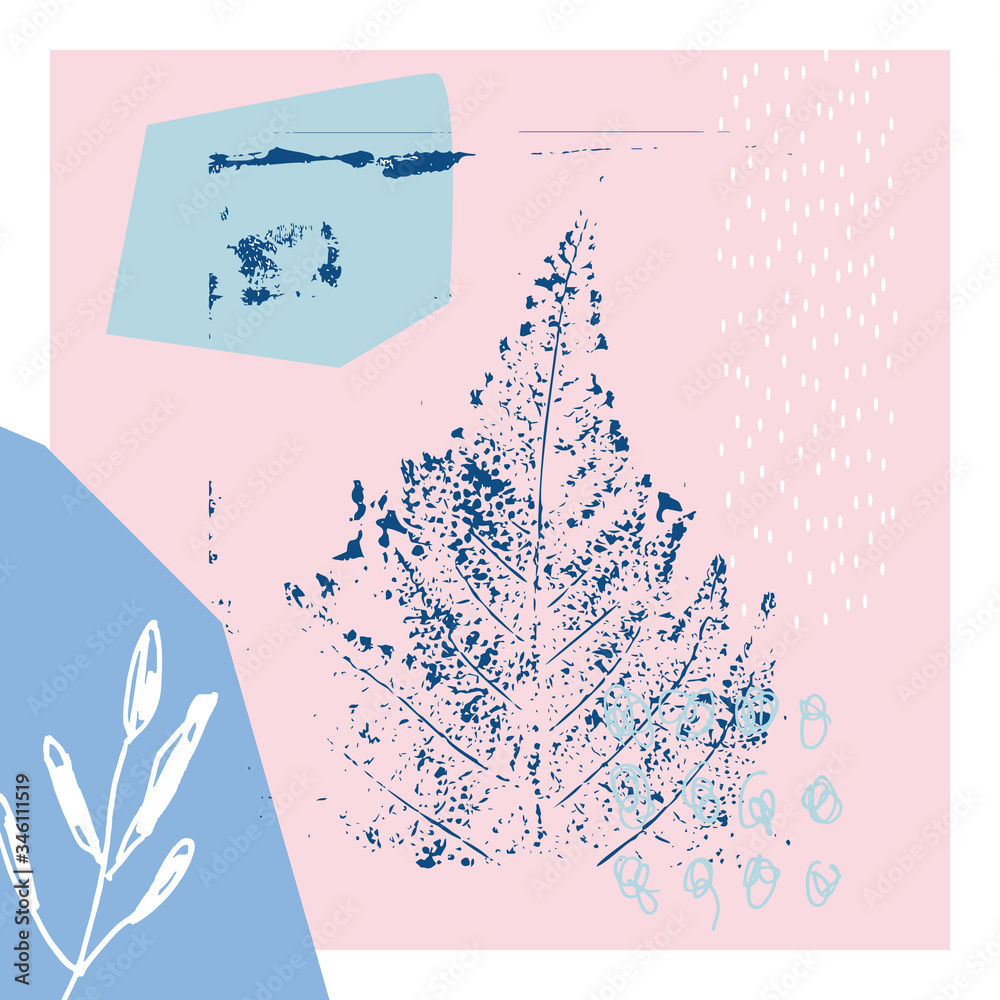 Vector botanical illustration of a plant. Ink monoprint of a leaf with ...