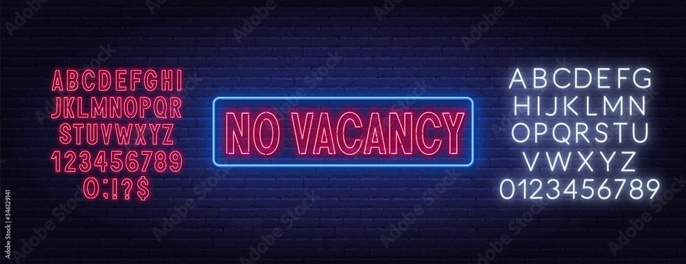 No vacancy neon sign. Neon alphabet on brick wall background. Vector ...