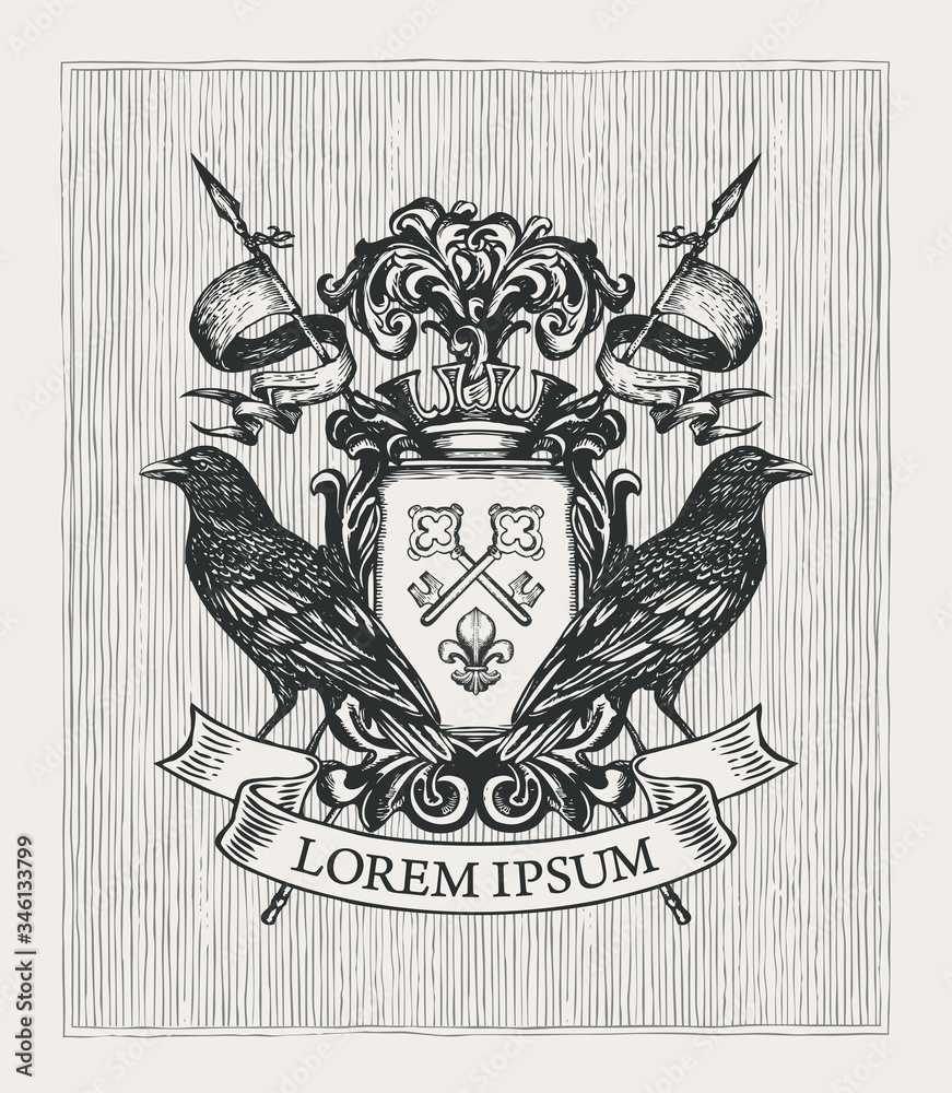 Vector heraldic Coat of arms with ravens, crown, spears, ribbon ...