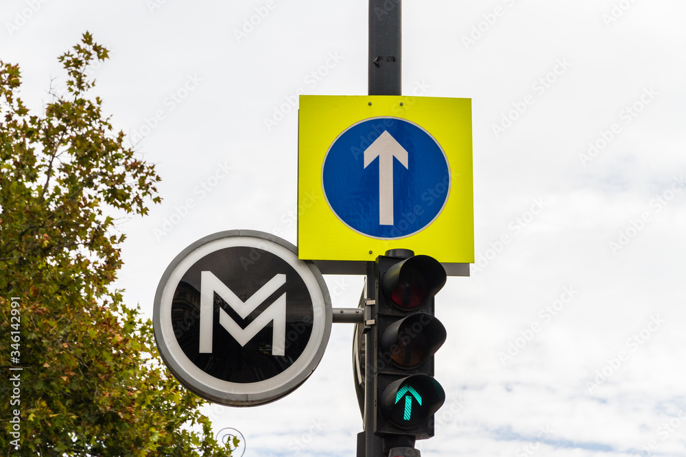 Editorial, Budapest Metro sign with road signs Stock Photo | Adobe Stock