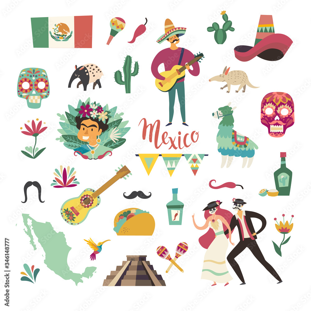 Mexican collection vector illustration. Mexico symbols and landmarks ...