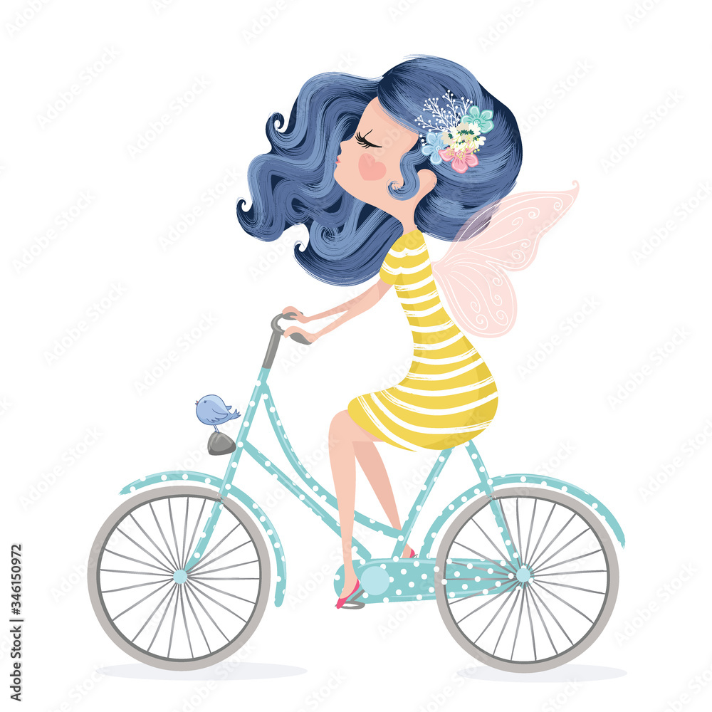Cute fairy on bike with little bird, vector illustration for kids ...