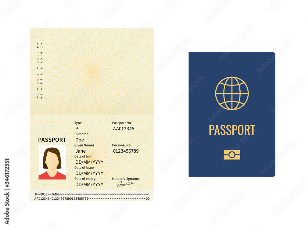 International passport template. Closed and open document for travel ...