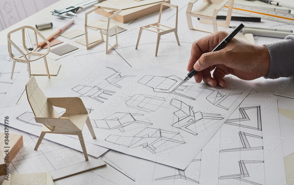 Designer sketching drawing design development product plan draft chair ...