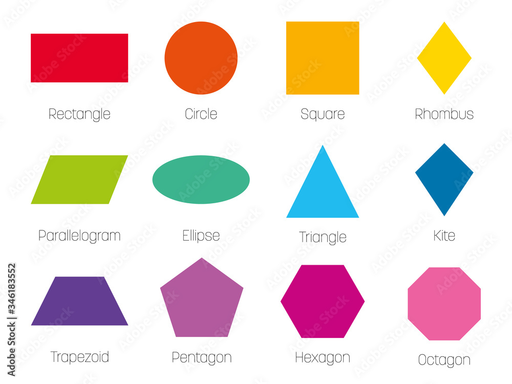 Geometric shapes with labels. Set of 12 basic shapes. Simple flat ...