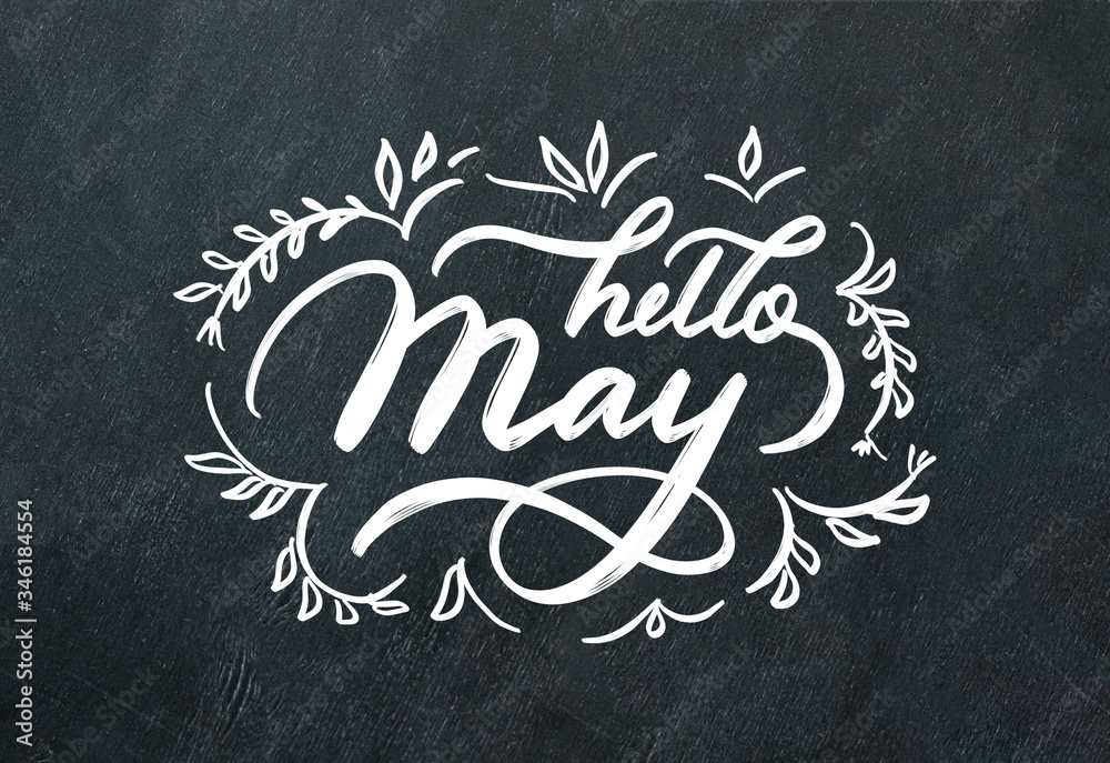 "Hello May" hand lettering inscription and hand drawn flowers on black ...