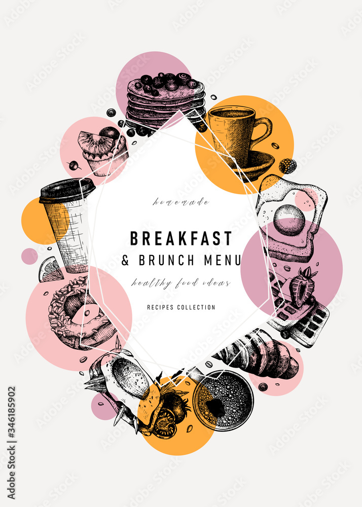 Breakfast trendy design. Morning food and drinks frame with abstract ...