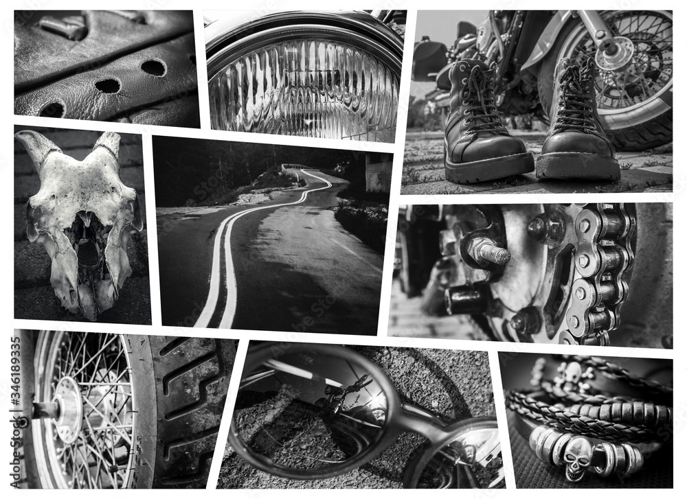 Black-and-white motorcycle-themed collage featuring a motorcycle, a ...
