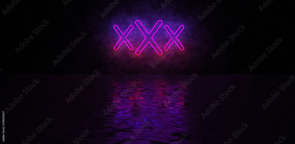 Three neon letters X on a concrete wall background. Glowing sign in the ...