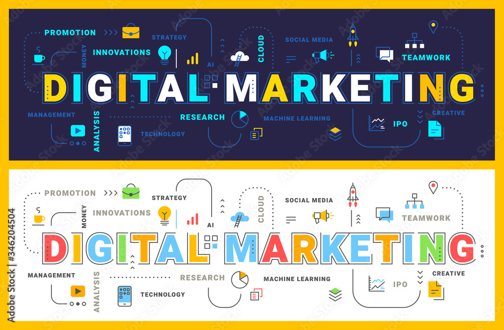 Vector set of creative illustration of digital marketing word lettering ...