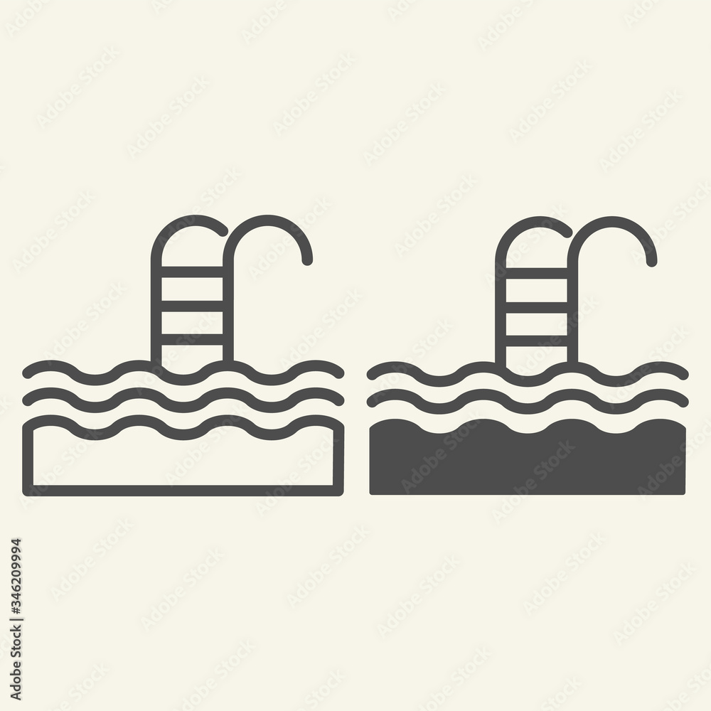 Pool line and solid icon. Swimming pool with water waves and ladder ...