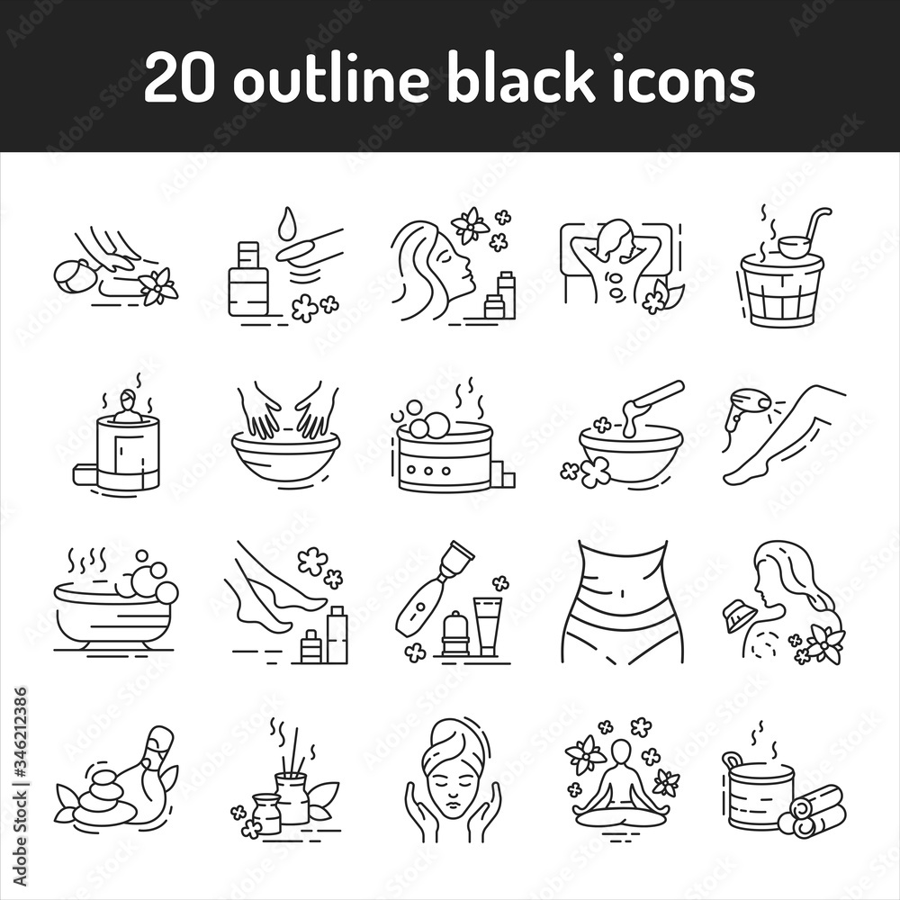 SPA black line icons set. Beauty treatment service. Pictogram for web ...