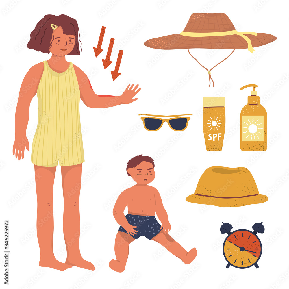Kids sun protection vector flat illustration. SPF cream and protective ...