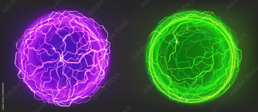 Electric balls, lightning circle strike, plasma spheres purple and ...