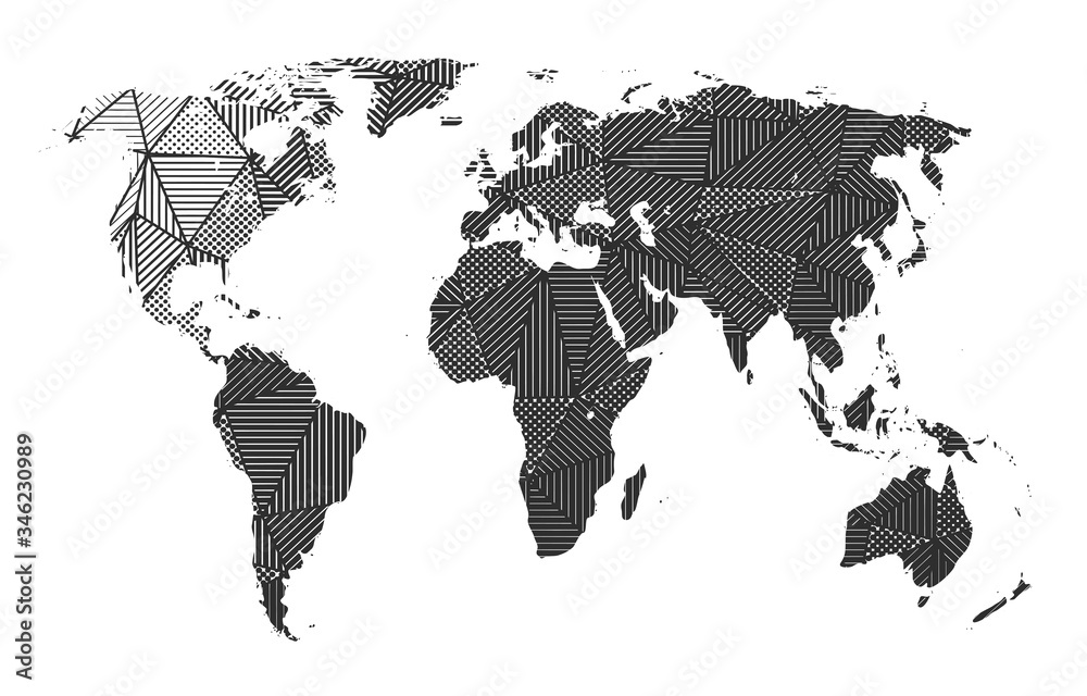 Woodcut style geometric earth map design. Creative low poly style ...