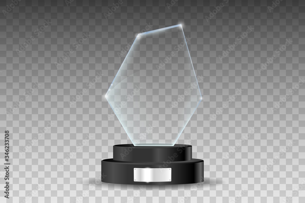 Glass trophy award. Shiny glass form on a black stand with shiny silver ...