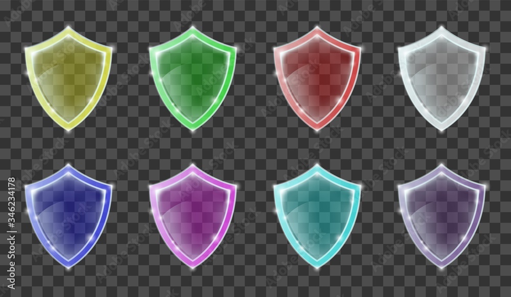 Set of protection shields. Shiny shield icons in 8 different colors ...