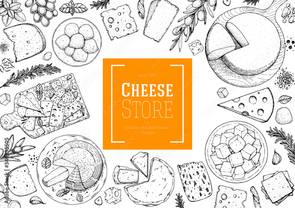 Cheese design template. Hand drawn sketch. Retro food background ...