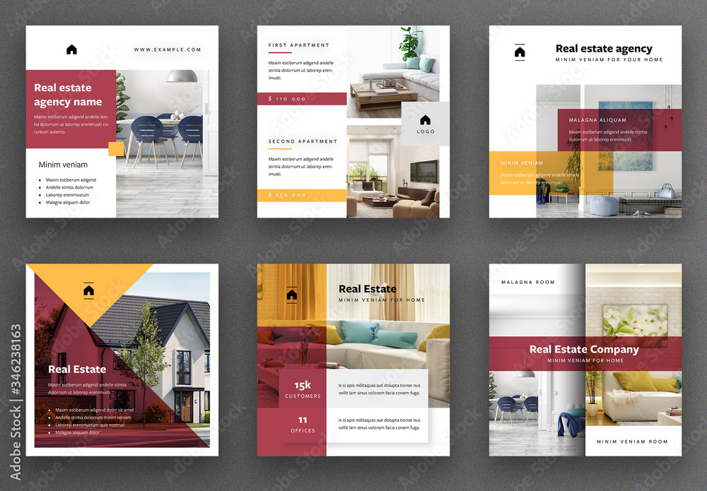 Real Estate Social Media Post Layout Set with Red and Yellow Accents ...