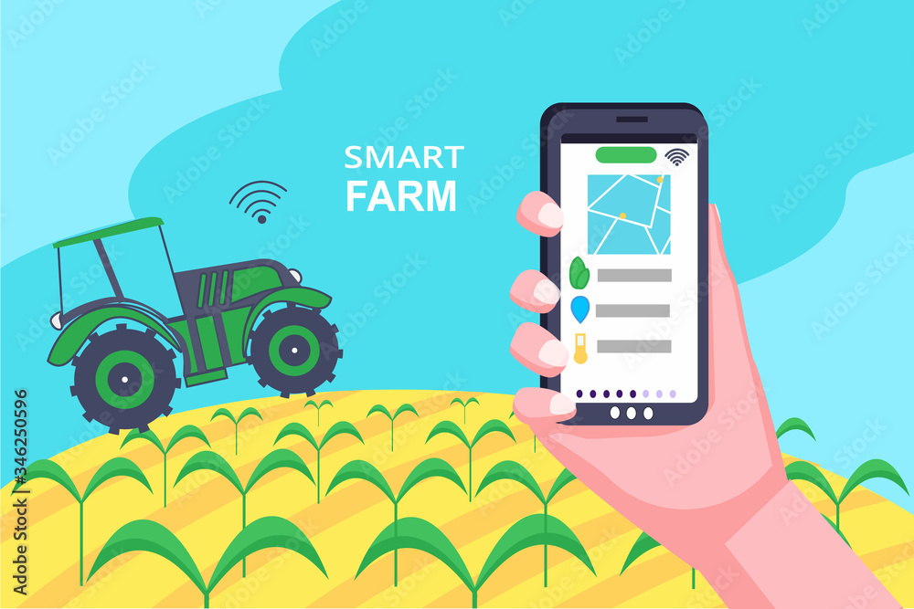 Concept of smart farm. Hand with phone on a background the field. Smart ...