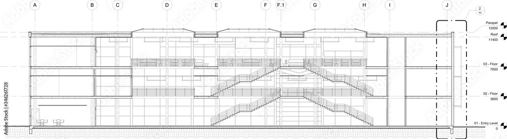 black and white bim 2d sectional view of a 3 floored struction Stock ...