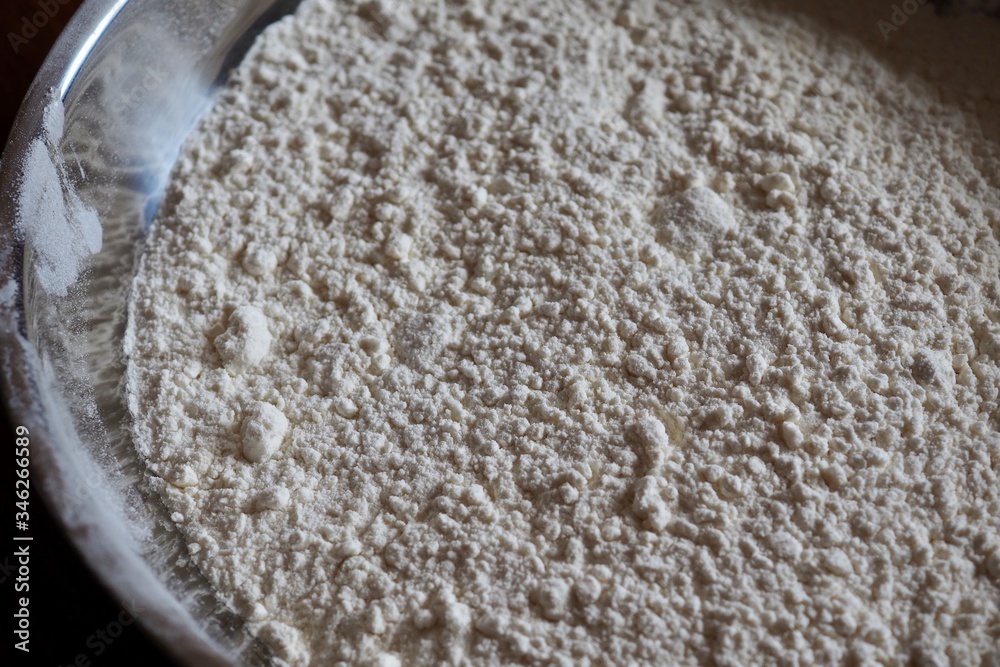 food background flour on measuring scales Stock Photo | Adobe Stock