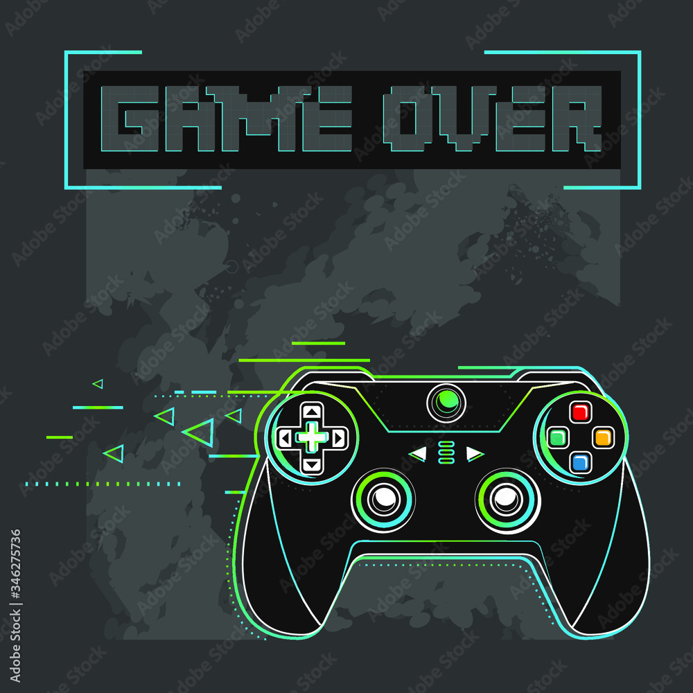 Game over Gamepad poster. Gamer joystick illustration with pixels text ...