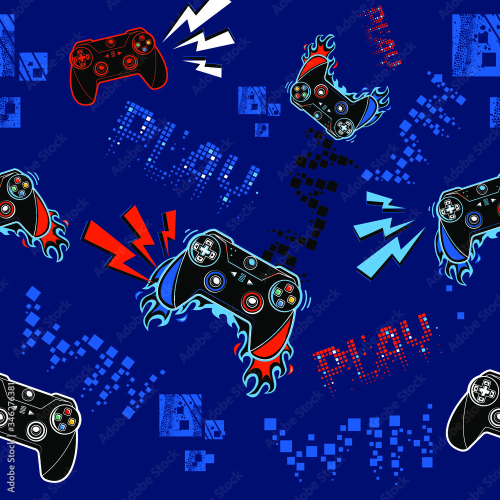 Abstract seamless pattern with gamepads with slogans on endless dark ...