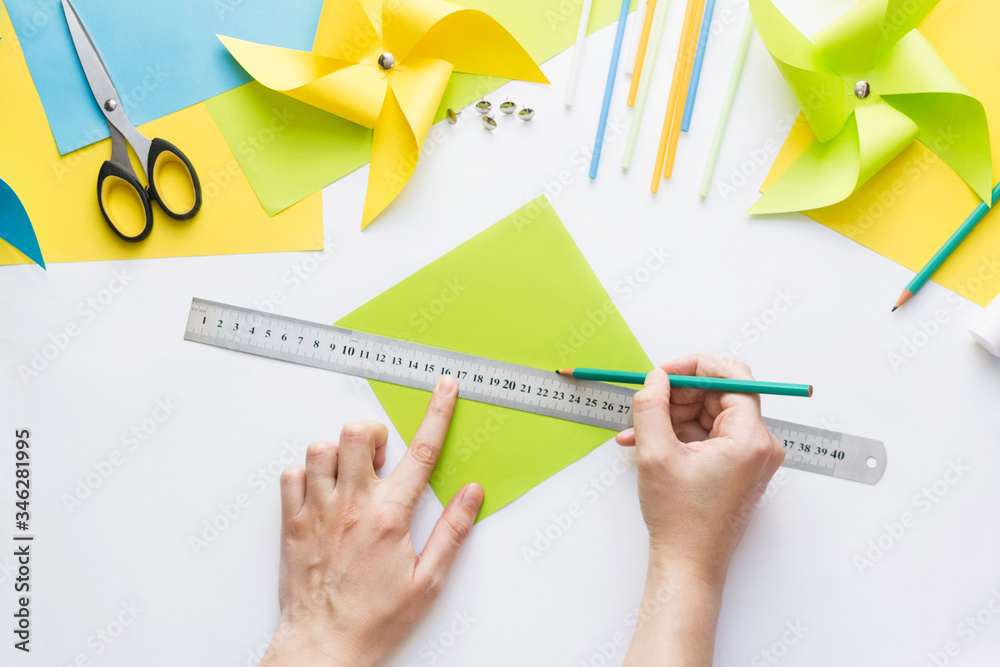 How to make paper green windmill toy with children at home. Step by ...