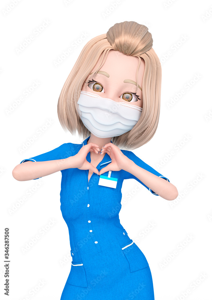 blond nurse cartoon with mask is doing a hand pose in heart shape that ...