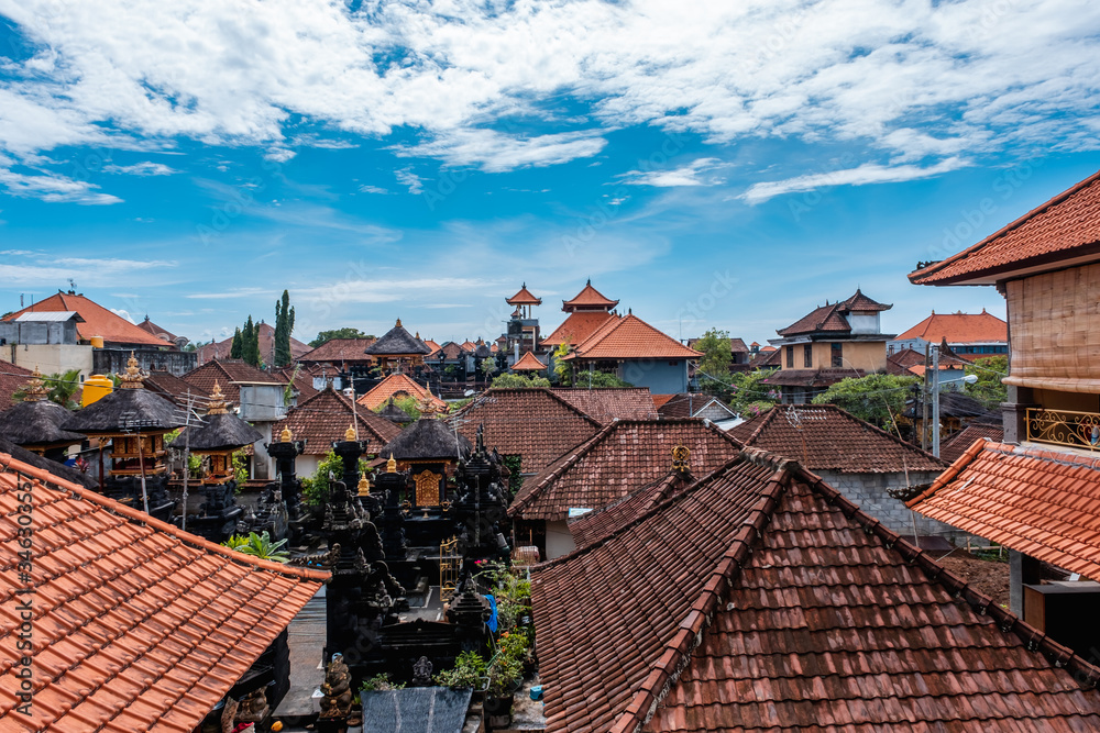 Landscape of Ubud and houses of Bali Island, traditional architecture ...