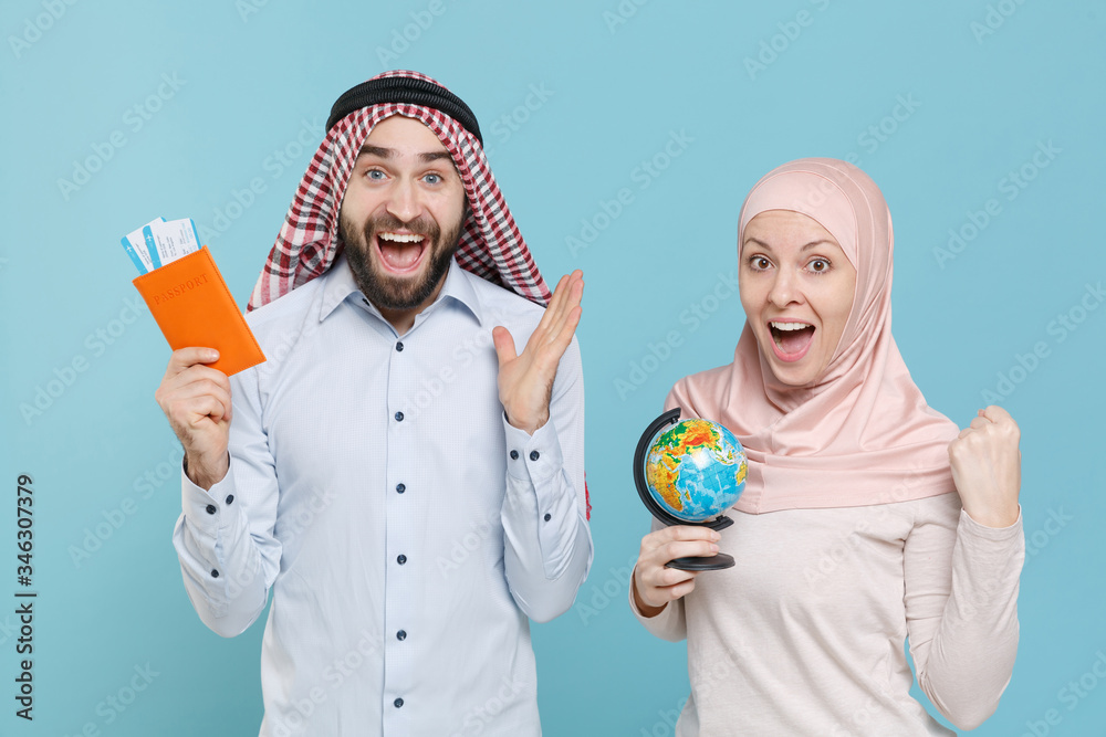 Excited couple friends arabian muslim man wonam in keffiyeh kafiya ring ...