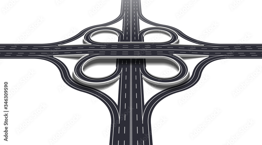 Cloverleaf interchange two level perspective. 3D four way interchange with loop ramps, underpass ...
