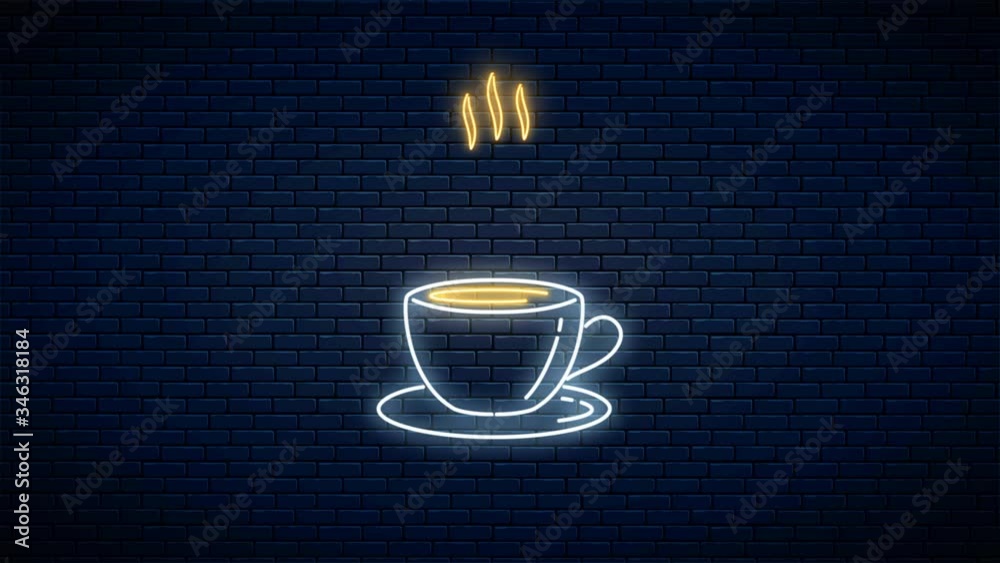 Neon sign with cup of hot coffee and blinking steam on dark brick wall ...