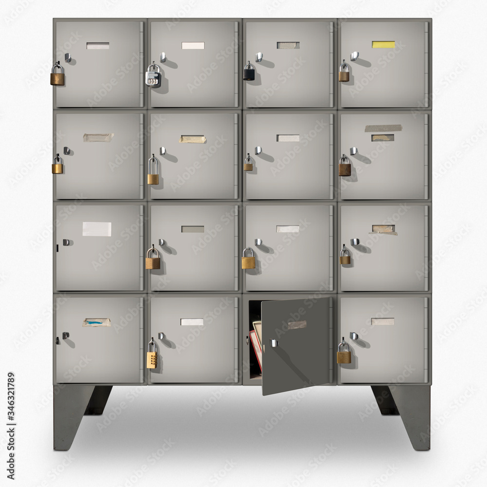 Design with cabinet of metal lockers with different padlocks and labels ...