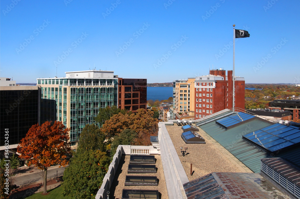 Madison capital square areal view from the Capitol dome balcony ...