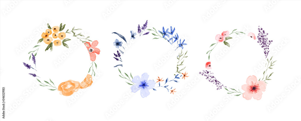 Watercolor spring flower circle frame set Stock Vector | Adobe Stock