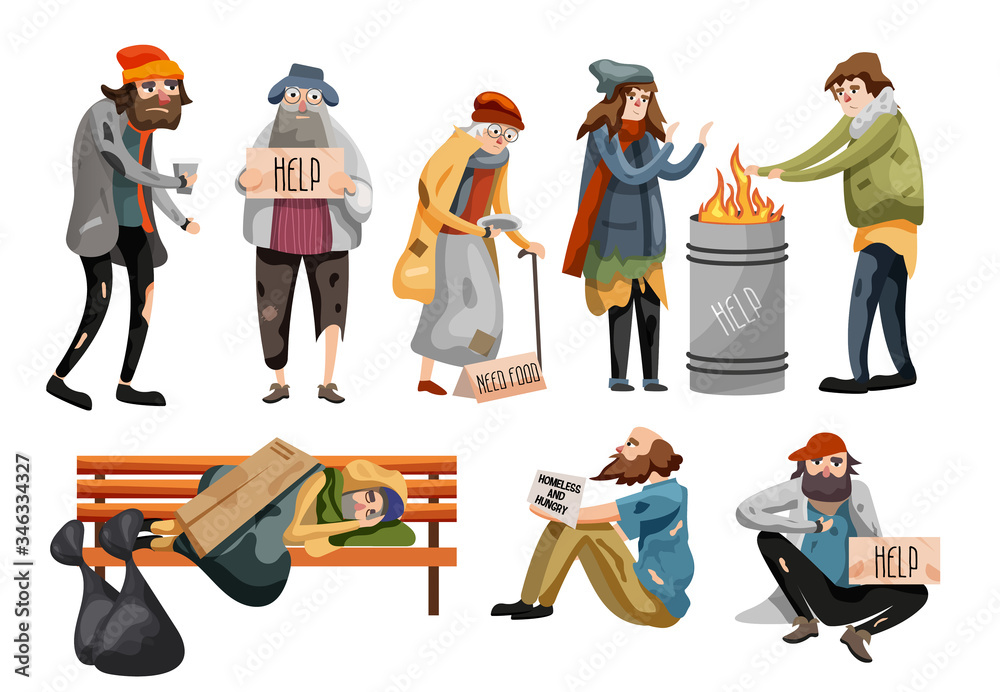 Homeless people cartoon. Unemployment people needing help and food ...