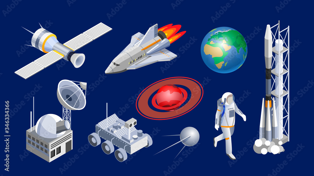 Spaceship isometric. Space shuttle, cosmic rocket, orbital satellite ...
