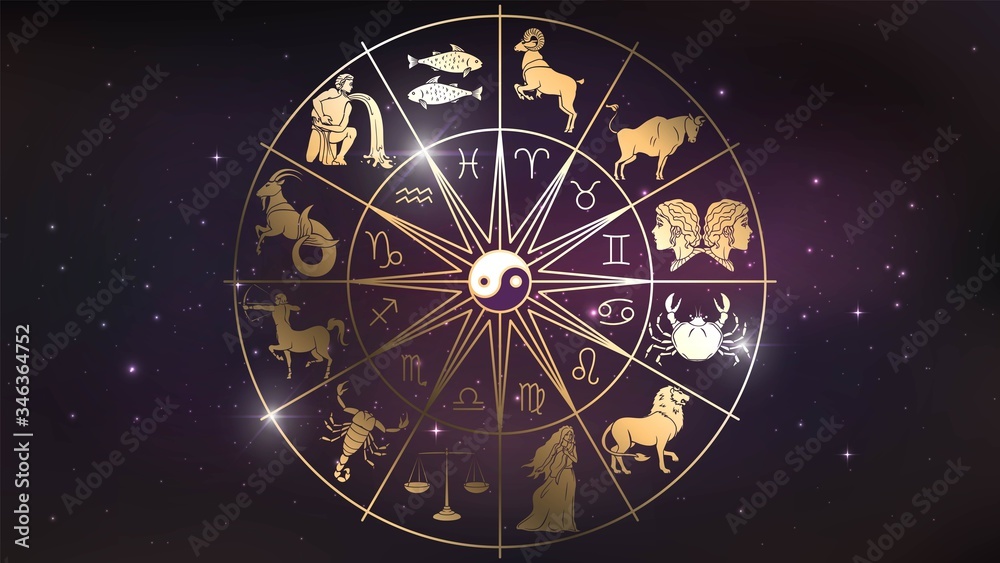 Golden wheel chart with zodiac signs in space, astrology and horoscope ...
