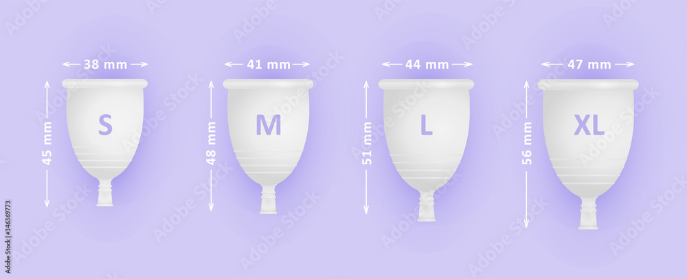 Feminine menstruation cup set. Different sizes of cups S, M, L, XL ...