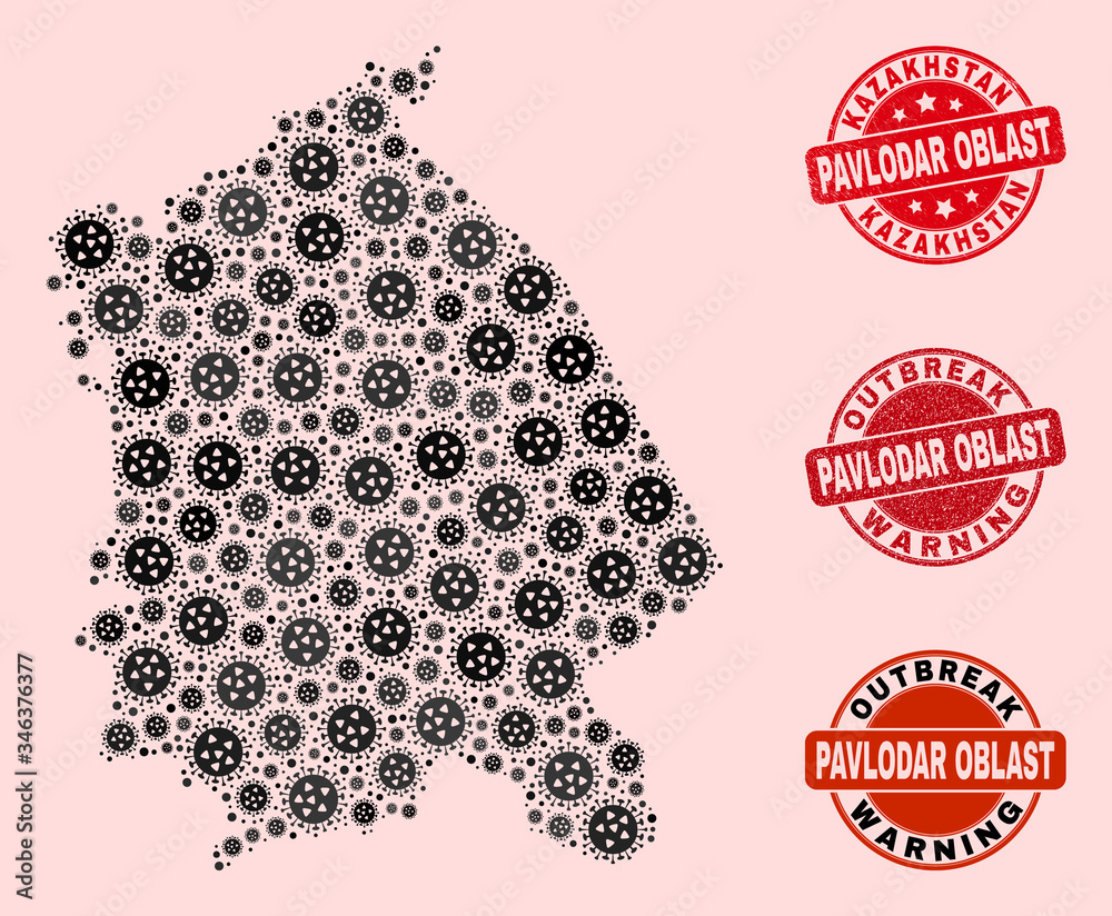 Outbreak composition of infection mosaic Pavlodar Region map and rubber ...