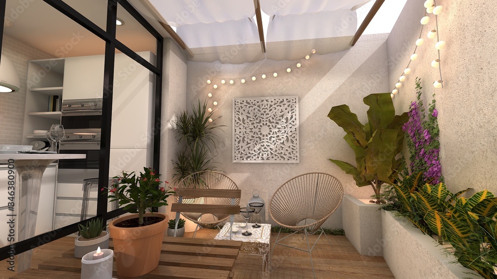 PROYECTO TERRAZA PATIO INTERIOR . RENDER 3D Stock Illustration | Adobe ...
