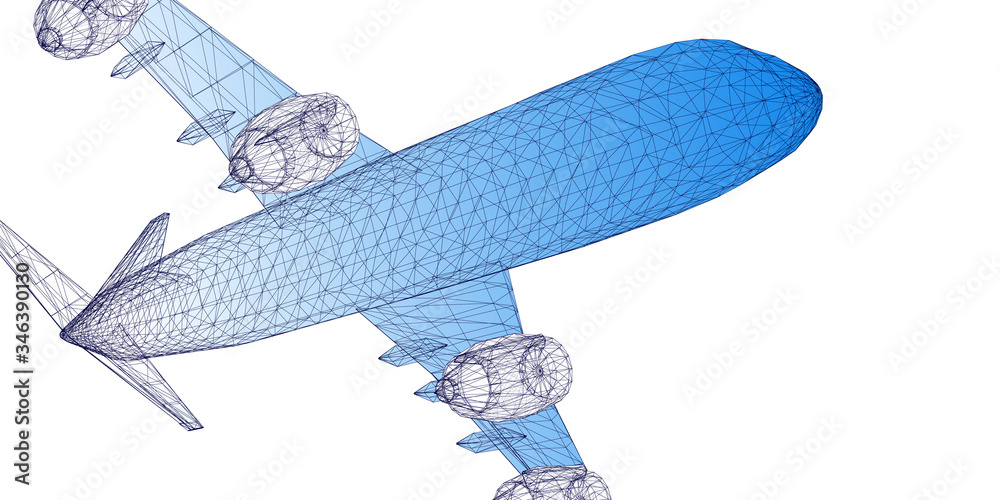 Abstract digital background with 3d grid blue airplane on white ...