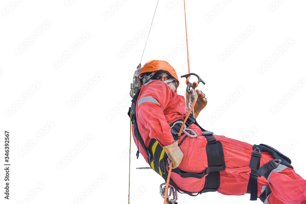 Safety concept, rope access or abseiling worker on high wear dresses ...