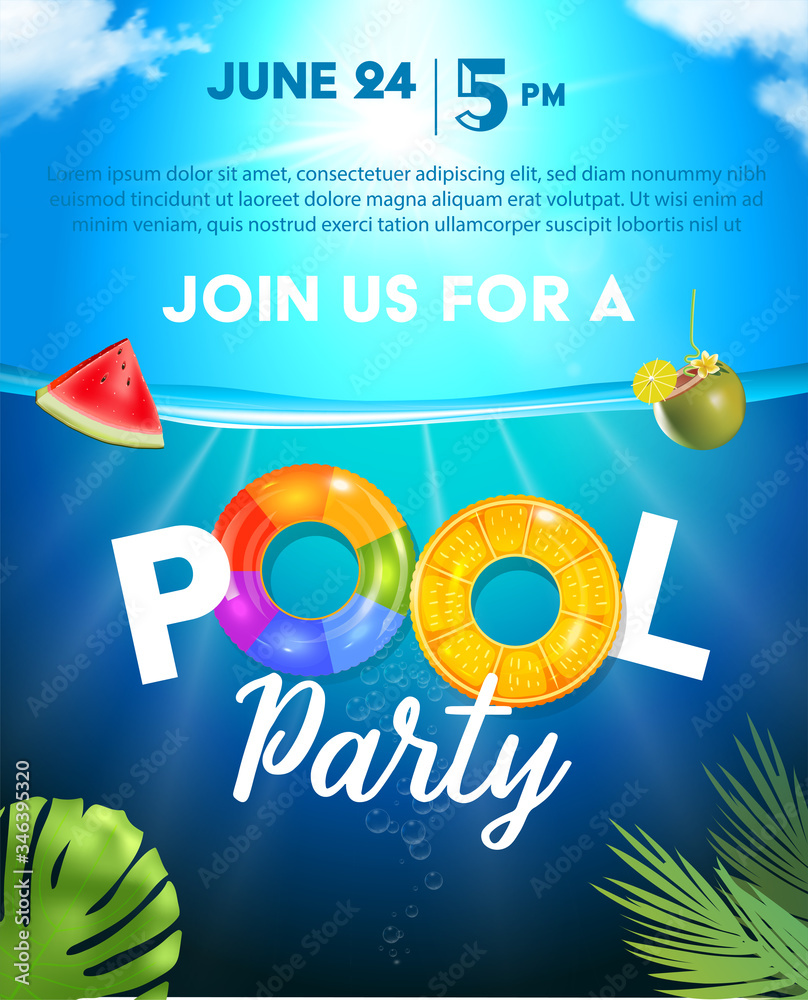 Pool party poster template. Background with pool surface, palm leaves ...