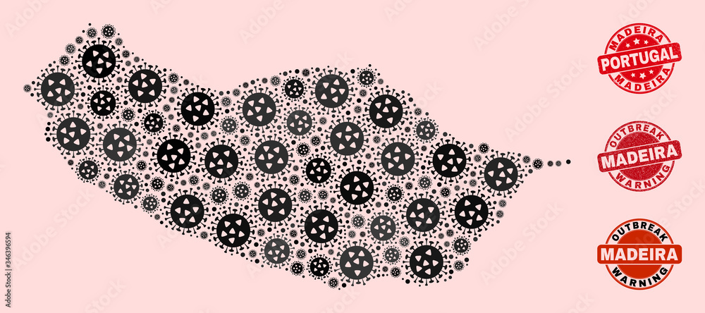 Outbreak collage of virus mosaic Madeira map and dirty seals. Vector ...