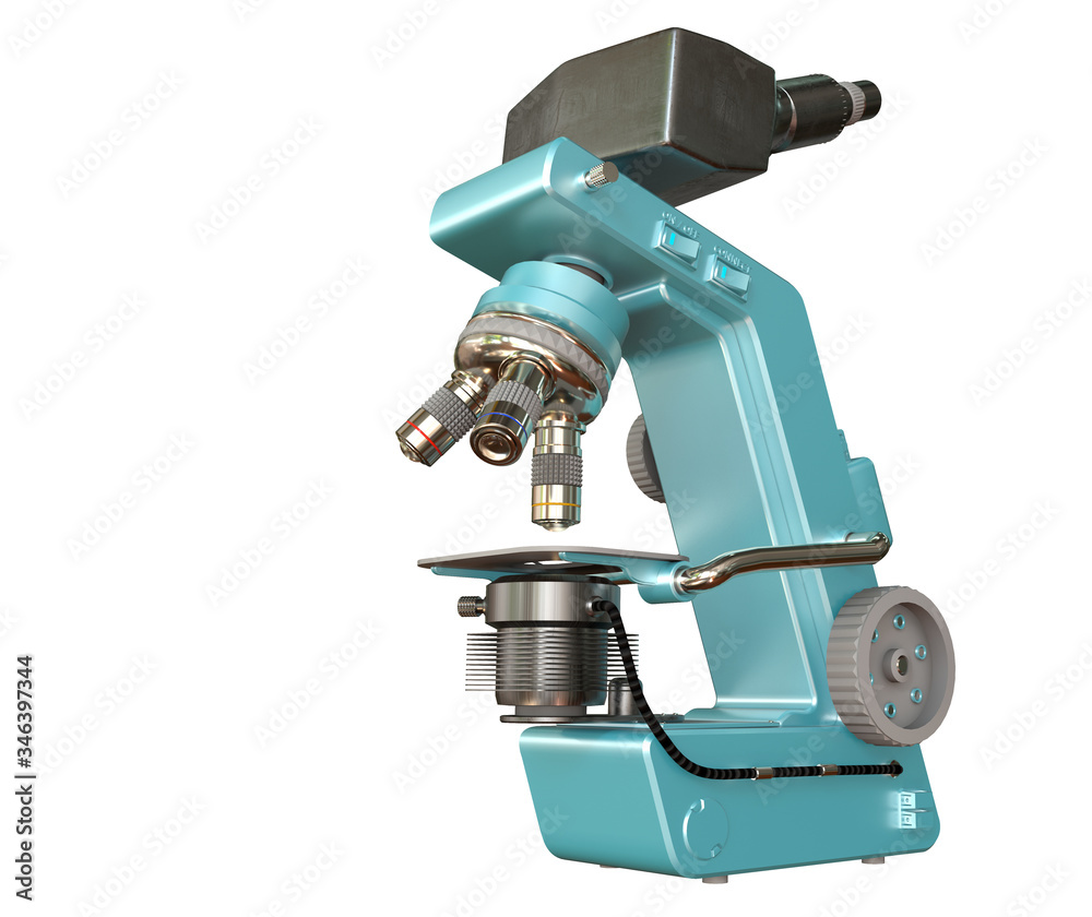 Blue professional microscope with fictional design isolated on white ...