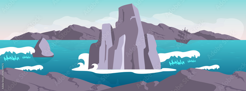 Seascape flat color vector illustration. Boat sailing in sea. Ocean ...