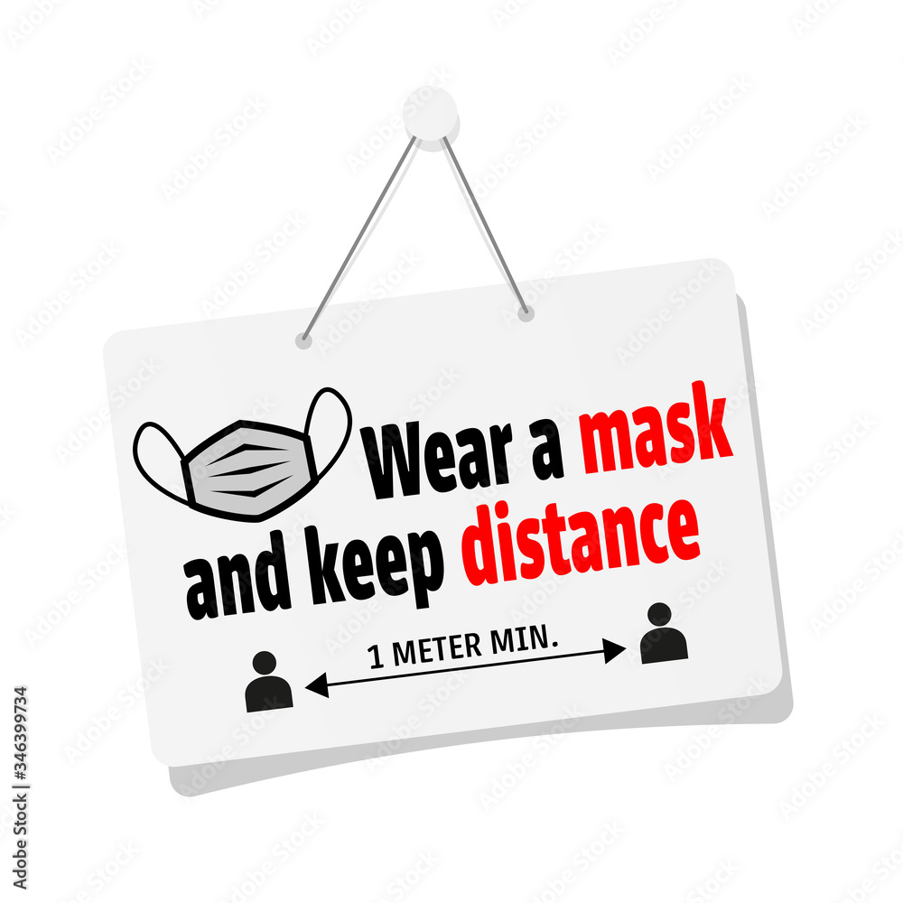 Wear a mask and keep distance door sign hanging Stock Vector | Adobe Stock